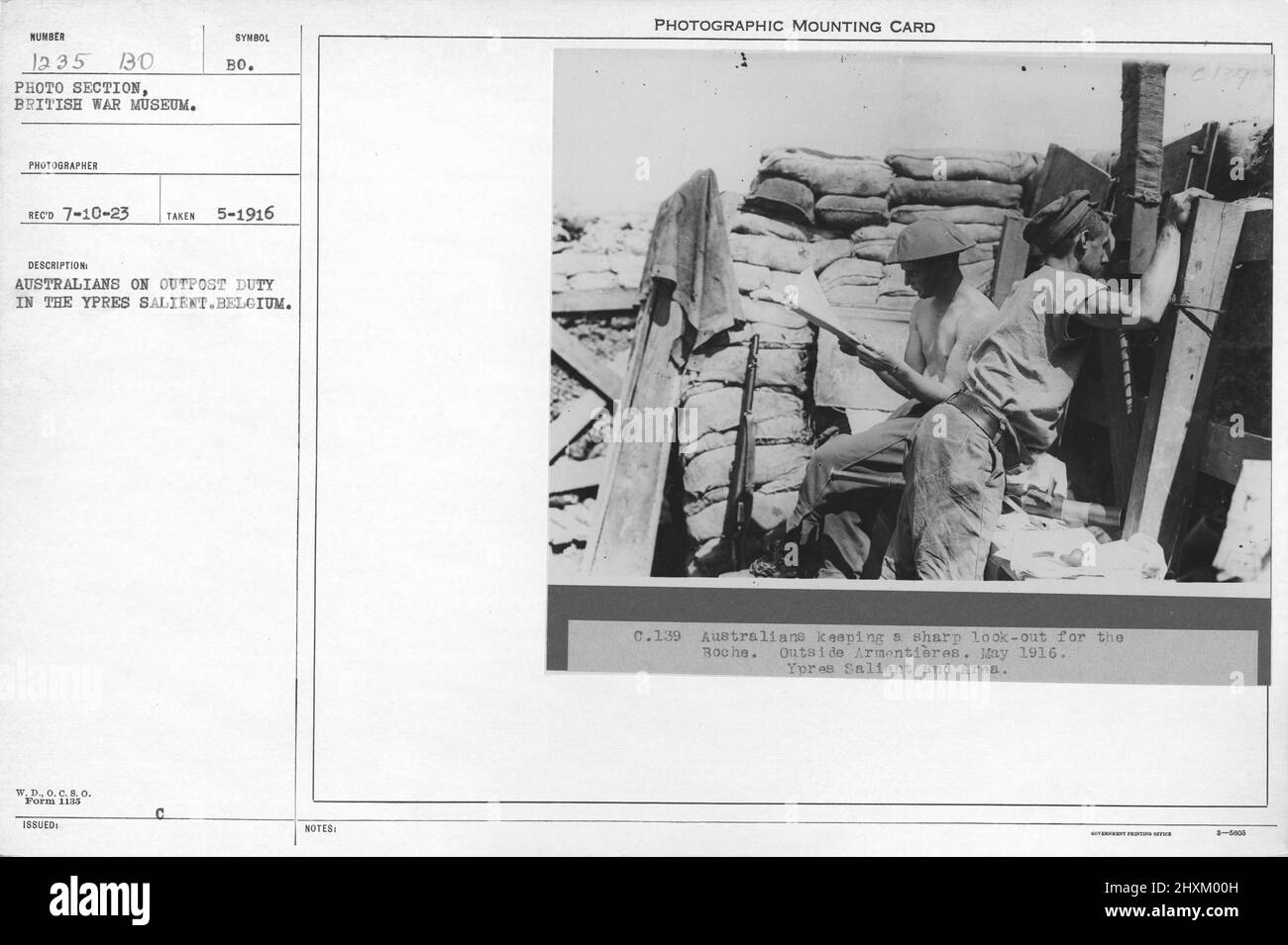 Australians on outpost duty in the Ypres Salient. Belgium. May 1916 ...