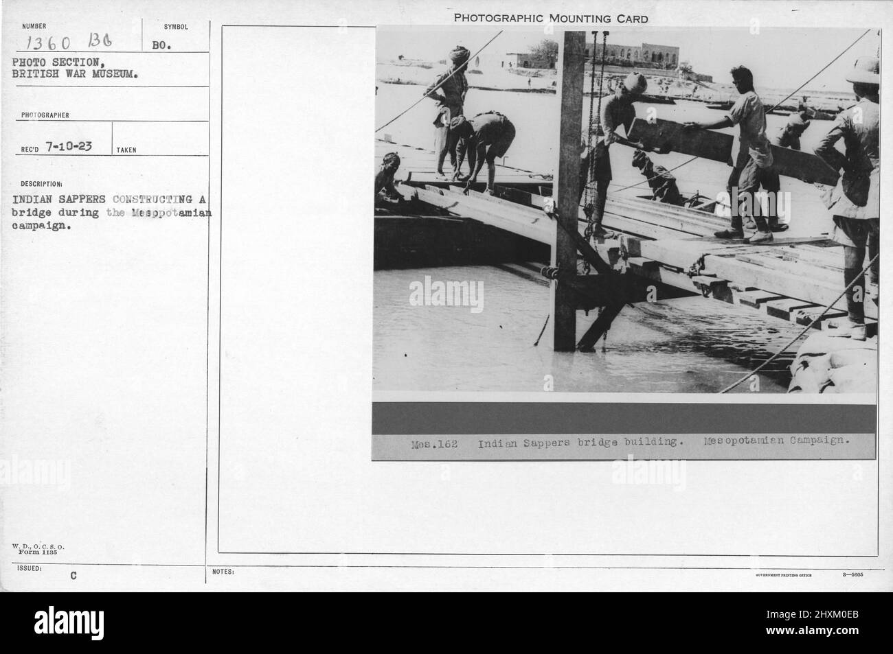 Indian sappers constructing a bridge during the Mesopotamian campaign ...