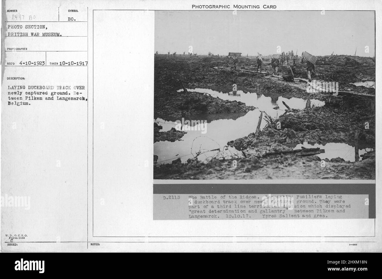 Laying duckboard track over newly captured ground. Between Pilkem and ...