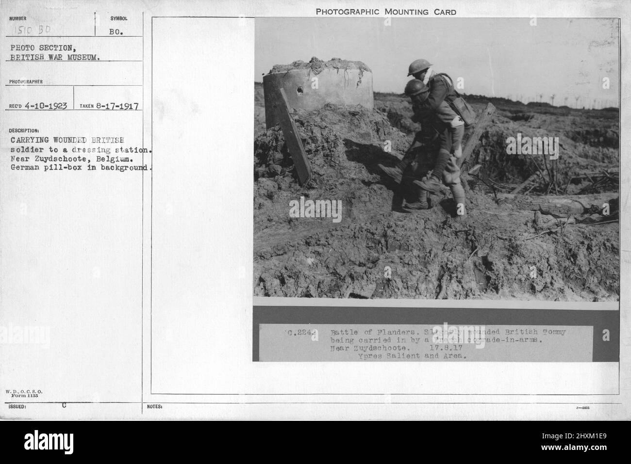 Carrying wounded British soldier to a dressing station. Near ...