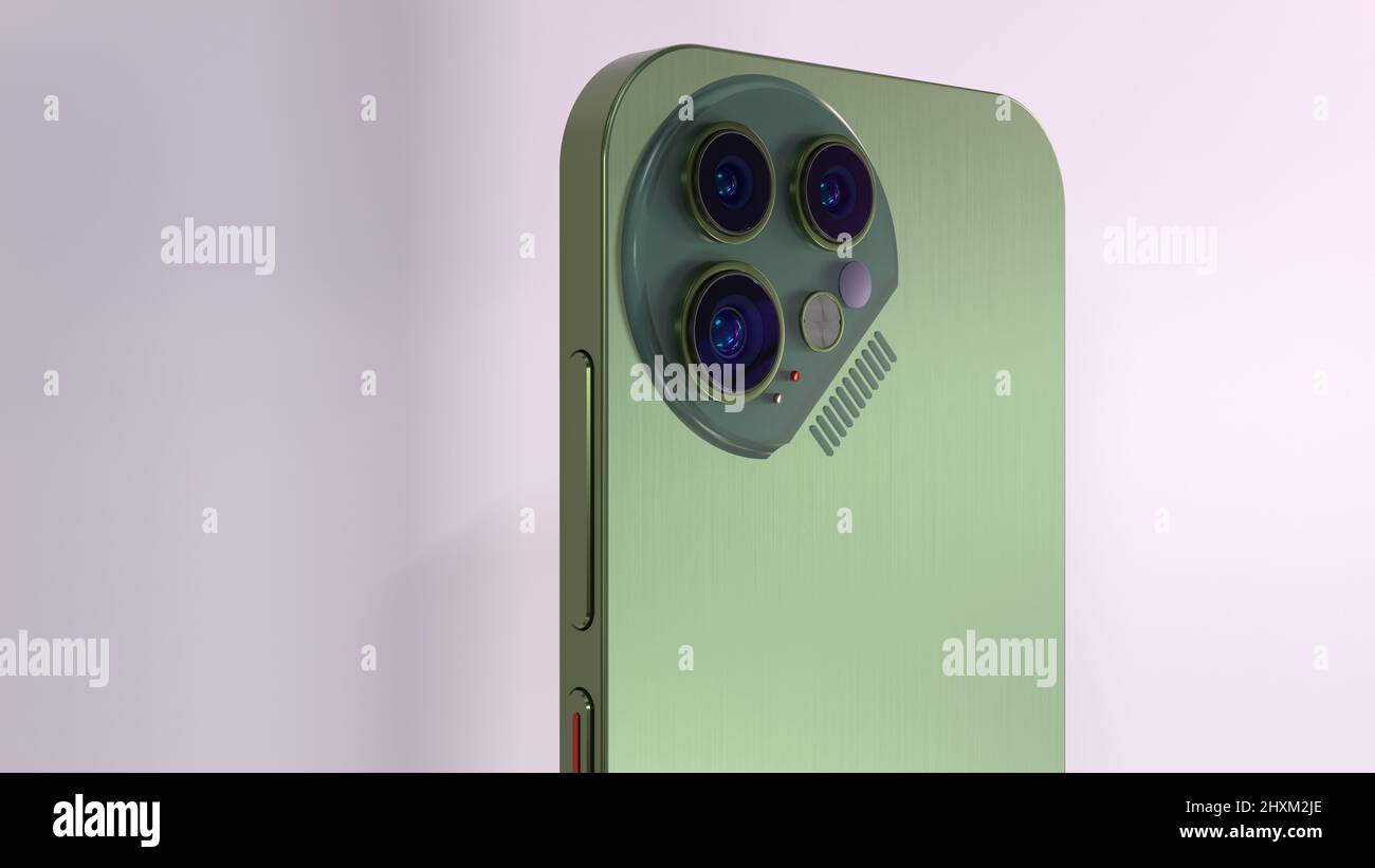 Close up view of digital camera lenses module of modern green colored ...