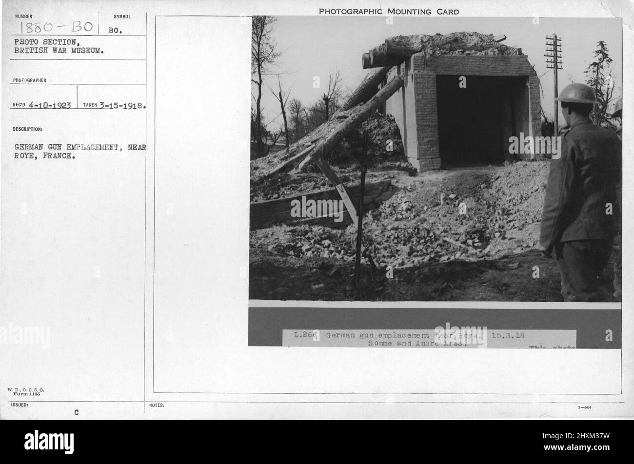 German gun emplacement, near Roye, France. Collection of World War I ...