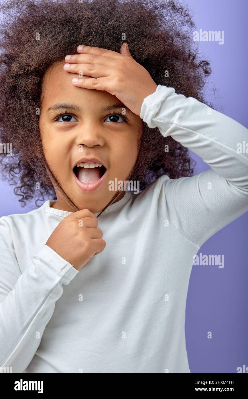 Portrait of happy excited amazed open mouth kid child girl look in ...