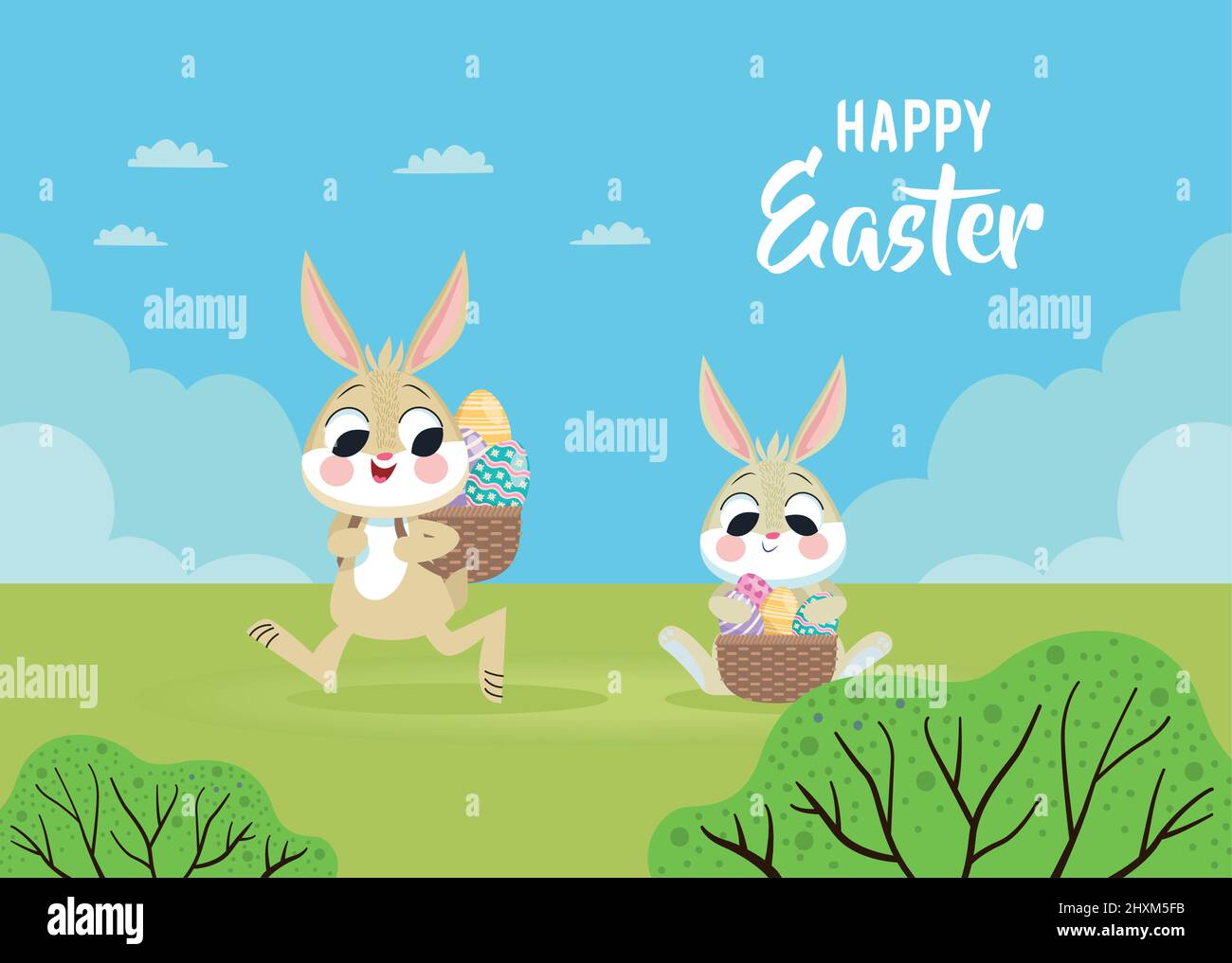 Happy easter lettering rabbits basket hi-res stock photography and ...