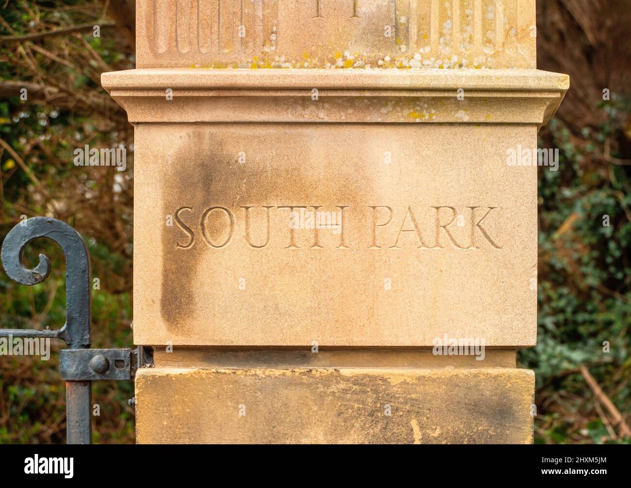 A carved panel engraved on a stone pillar called South Park, Edinburgh ...