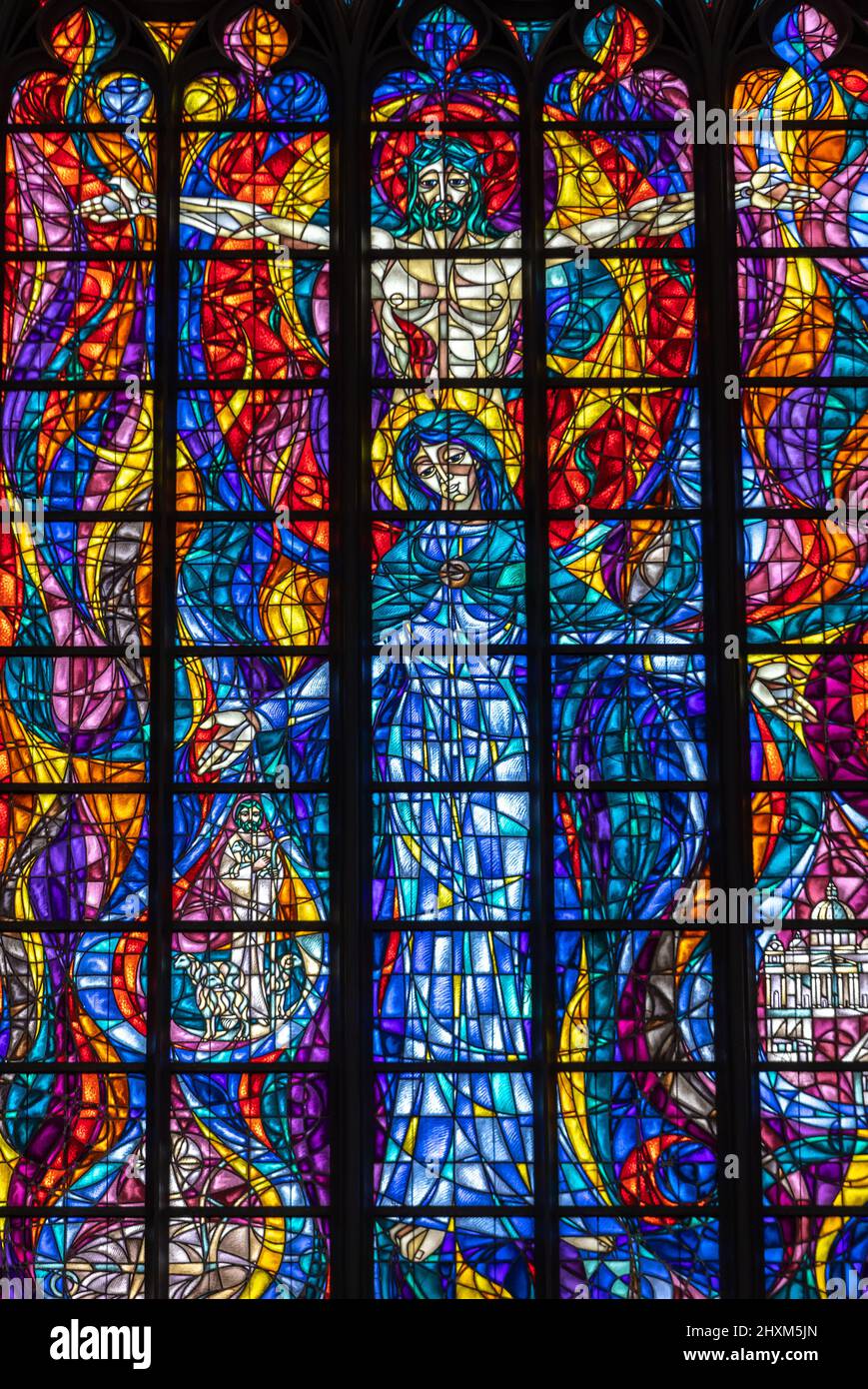 Gdansk, Poland - Sept 9, 2020: A colorful stained glass window over the ...