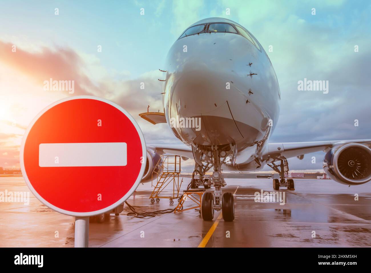 Stop sign red circle brick and blocked plane. Fly ban concept Stock ...
