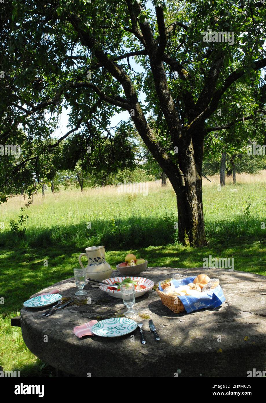 summer lunch laid out on stone table in orchard Stock Photo - Alamy