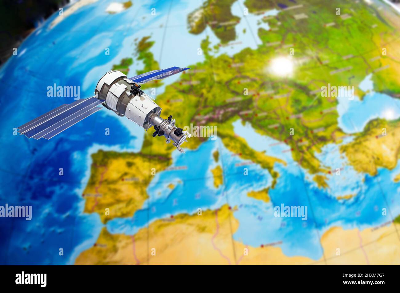 Satellite tracking communications in space over Continent Europe Stock ...