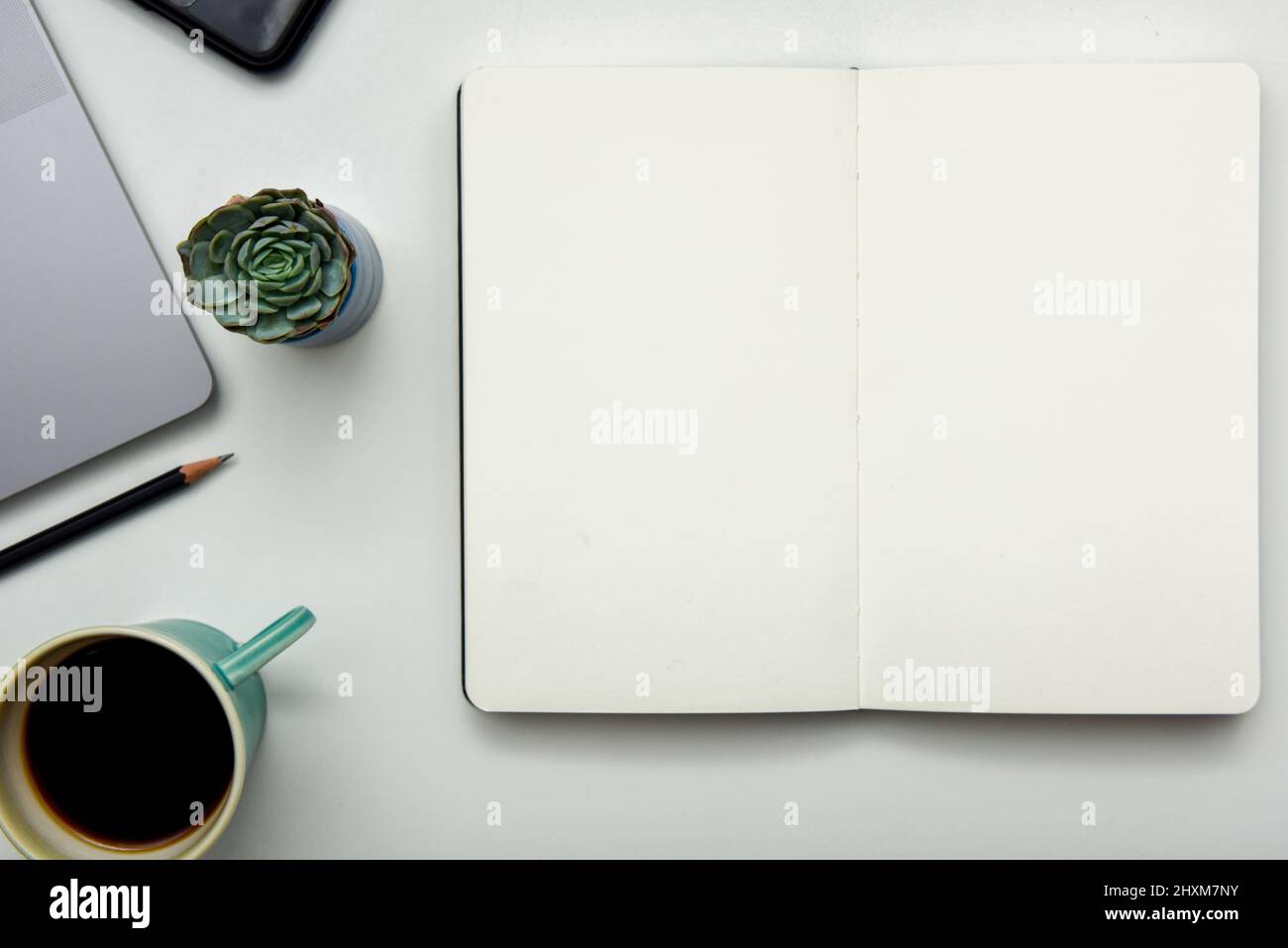 Modern desk beackground with office equipment on white background Stock ...