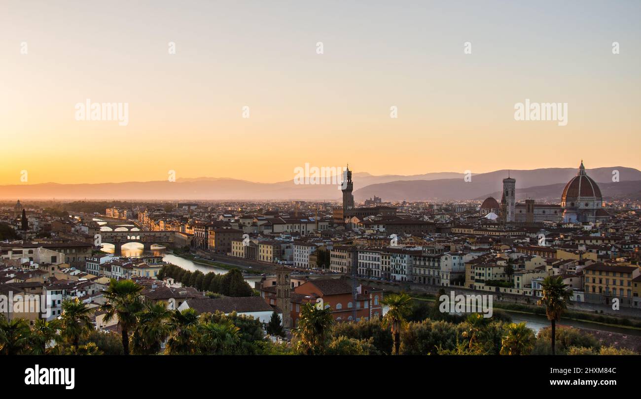 A sunset view of Florence, Italy. The view shows the main sights of the ...