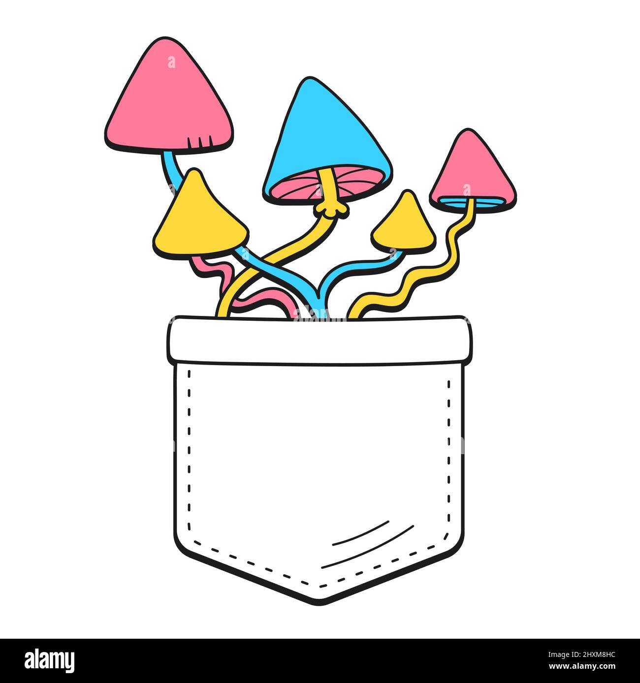 Magic psilocybin mushrooms grow in pocket,t-shirt print.Vector cartoon ...