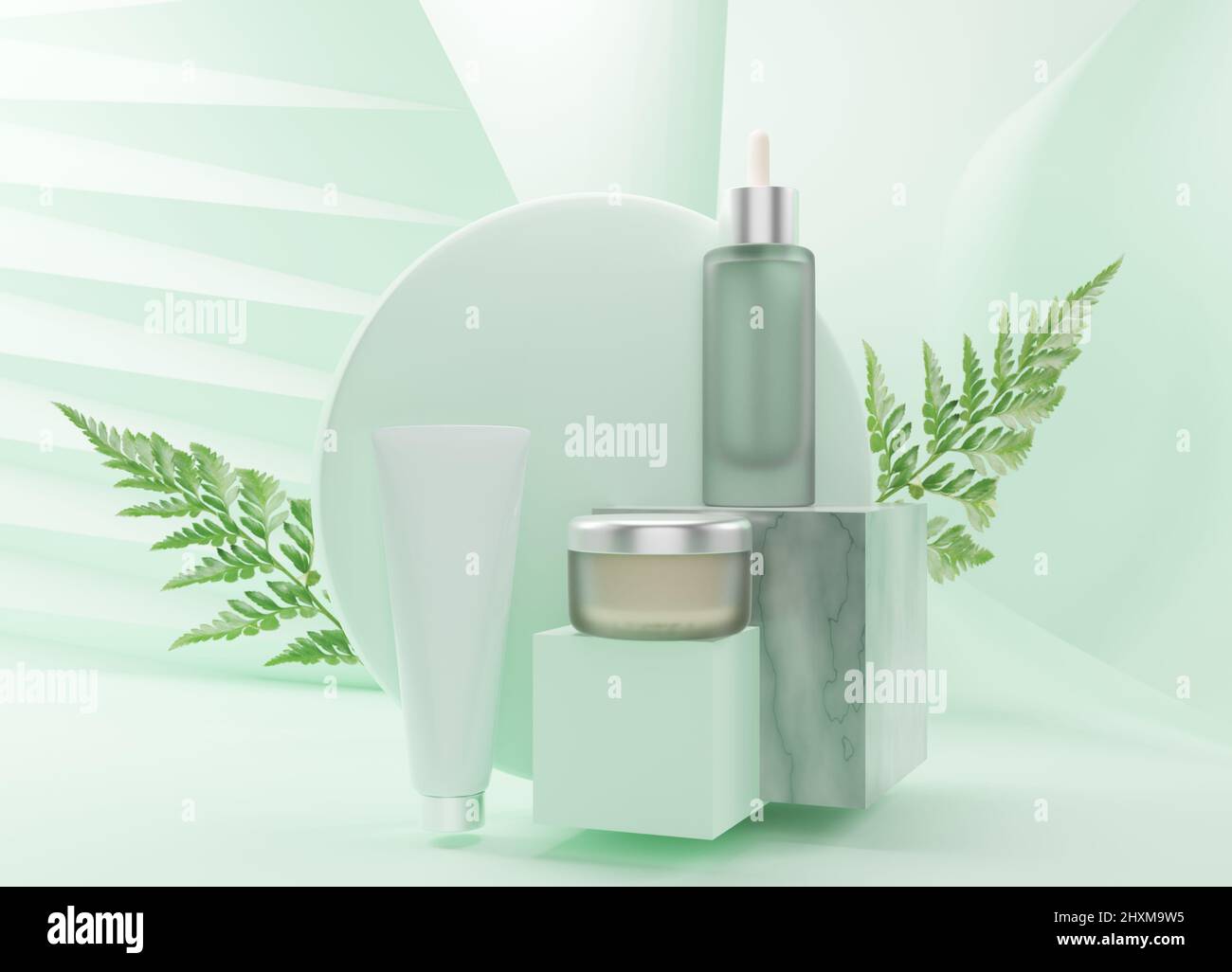 Natural eco green cosmetics with realistic branches of greenery. Mockup ...