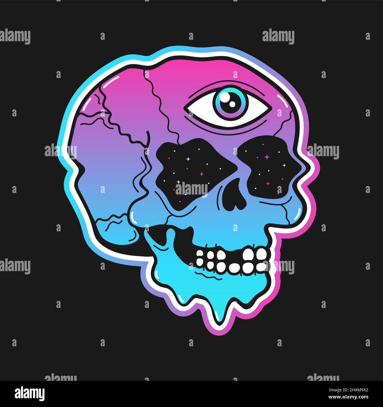 Psychedelic trippy skull with open third eye. Vector hand drawn doodle ...