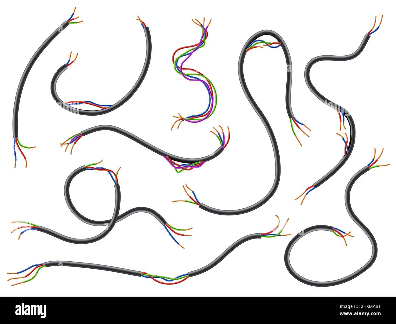 Broken wires. Realistic flexible torn cables with colored wiring ...