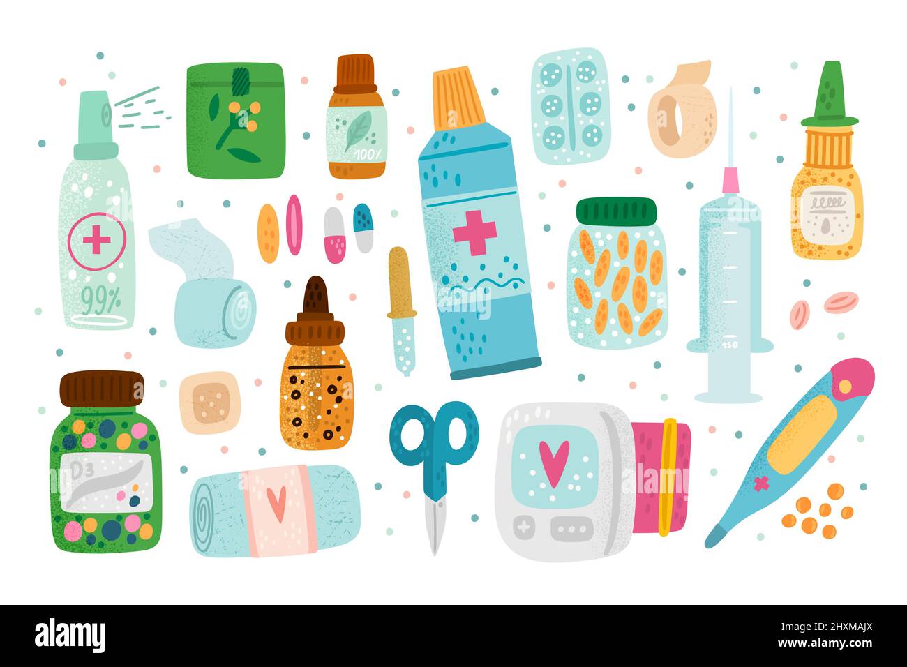 Cartoon medicines. Hand drawn drugstore objects. Drugs and mixtures ...
