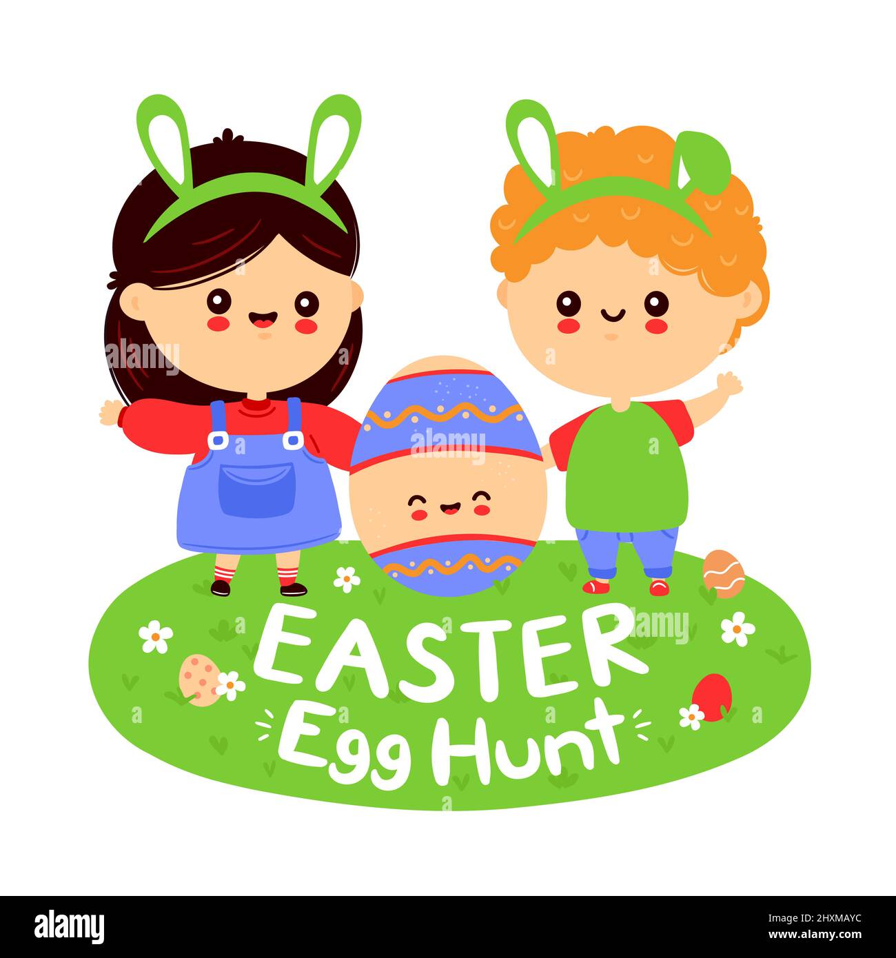Cute happy funny kids and easter egg. Vector flat cartoon character ...