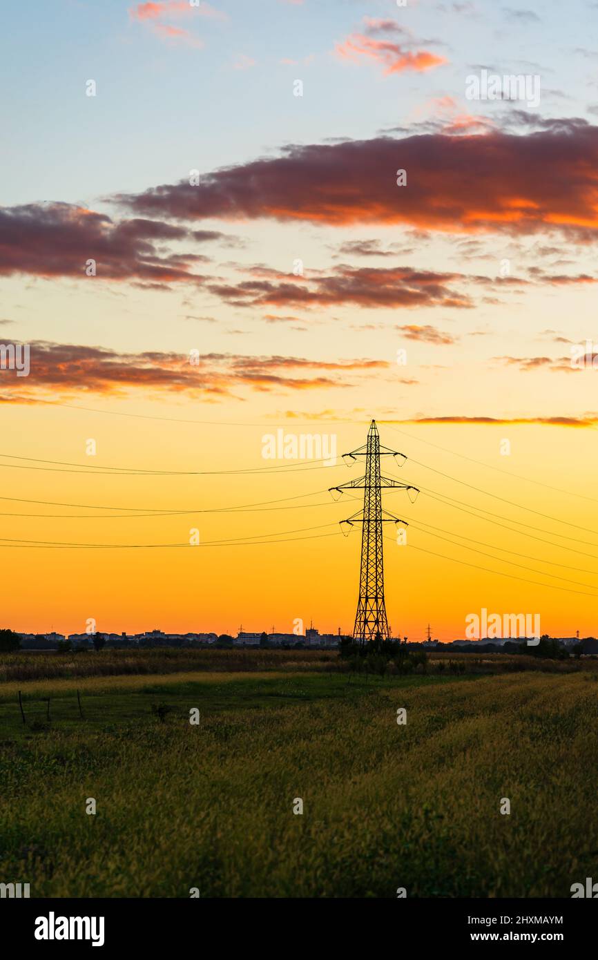 Detail of electric pole with electric cables and crop fields Stock ...