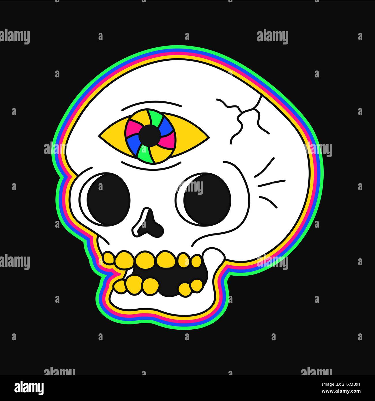Psychedelic trippy skull with open third eye. Vector hand drawn doodle ...