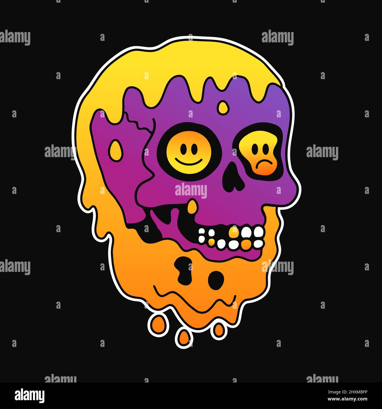 Melt distortion smile face skull inside. Vector hand drawn doodle line ...
