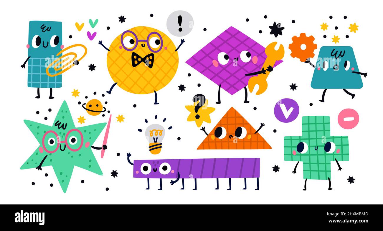 Geometric cute characters. Abstract basic draw figures with happy faces ...