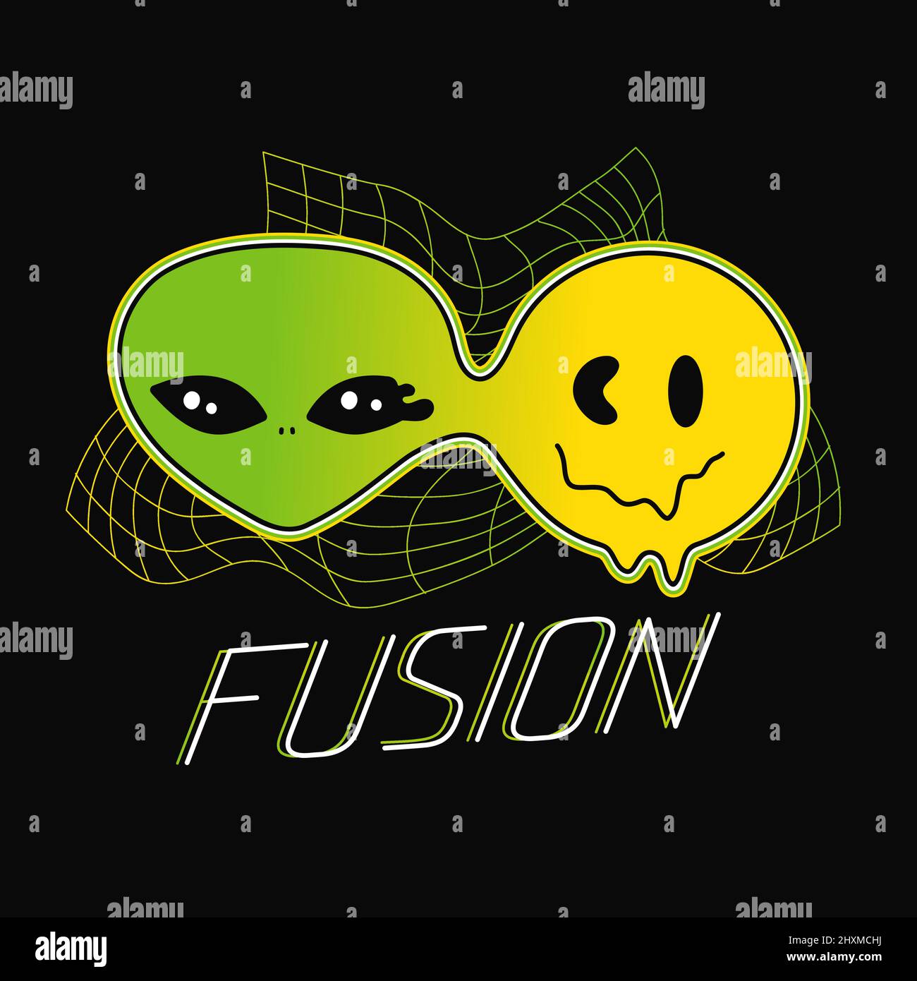 Alien and smile face melt.Fushion quote.Vector line cartoon graphic ...