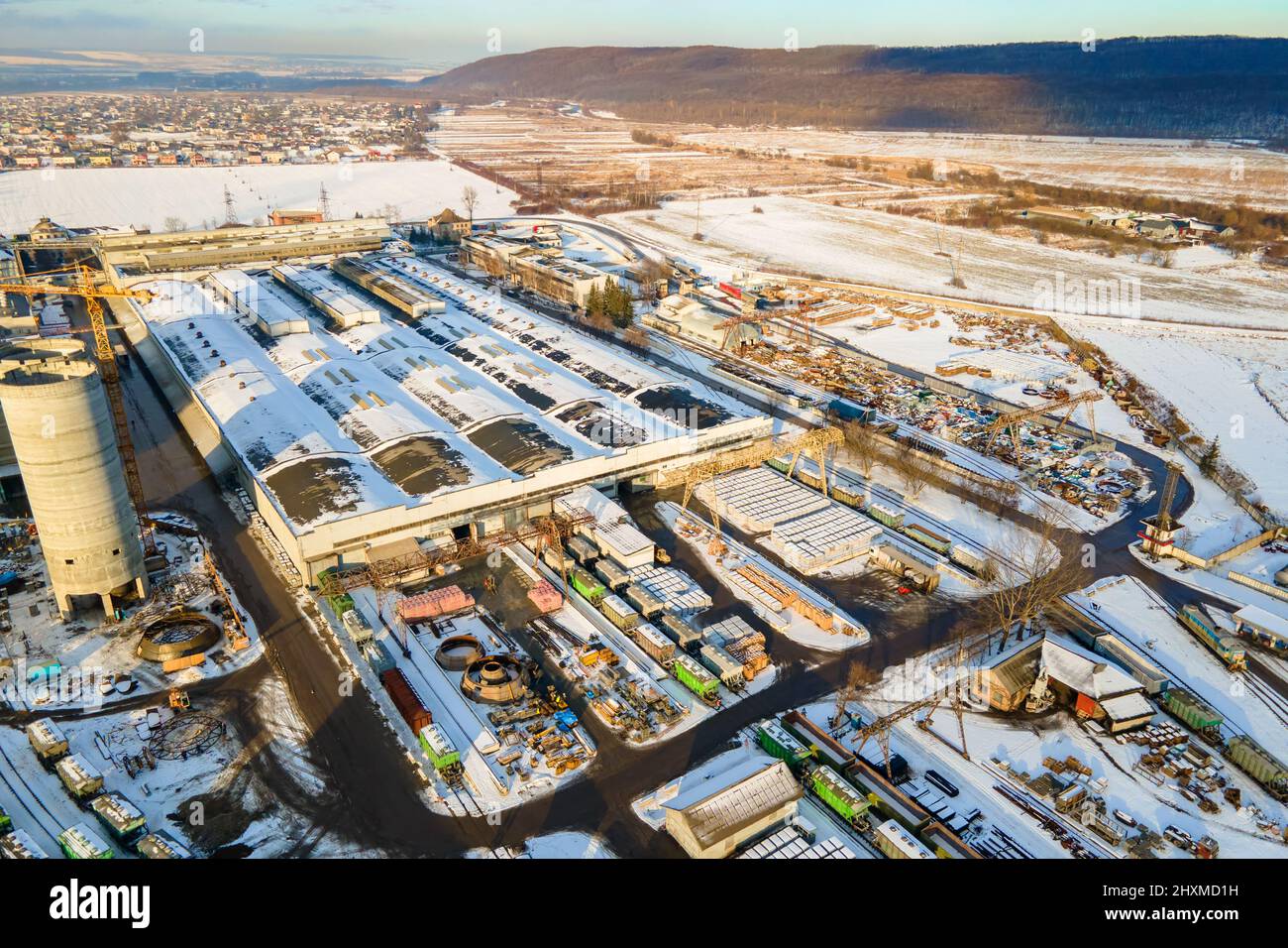Aerial view of cargo train loaded with crushed stone materials at ...