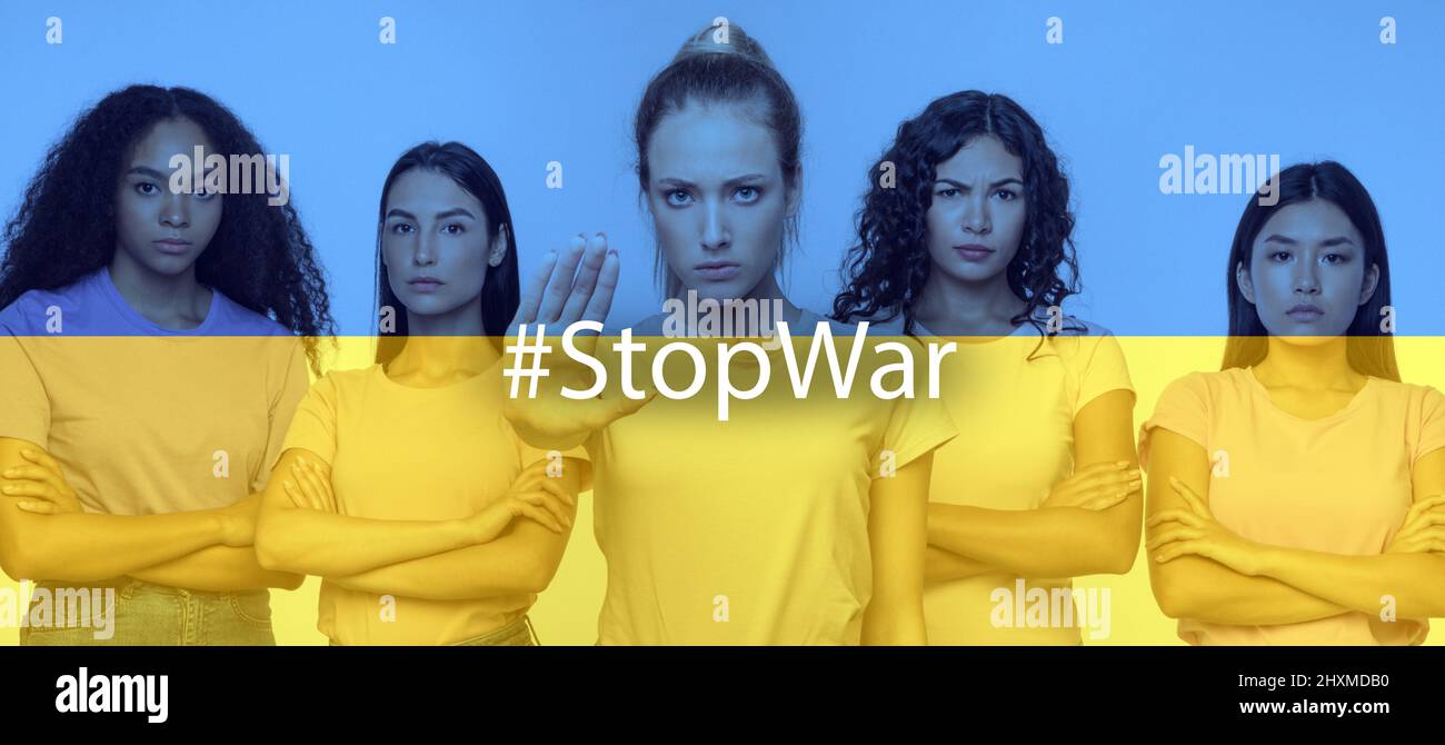Stop War. Angry Multiethnic Ladies Gesturing Stop Sign Stock Photo - Alamy