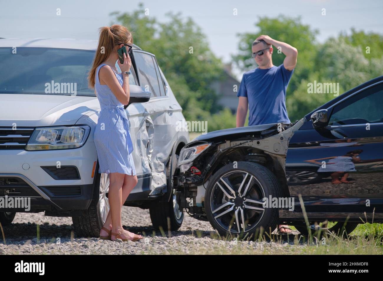 Drivers of smashed vehicles arguing who is guilty in car crash accident ...