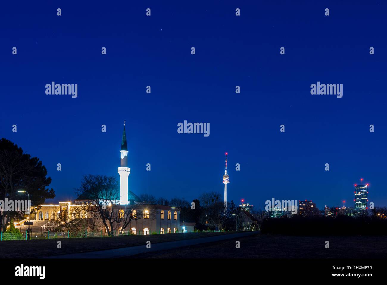 Wien, Vienna: mosque Vienna Islamic Centre, tower Donauturm, DC Tower 1 ...