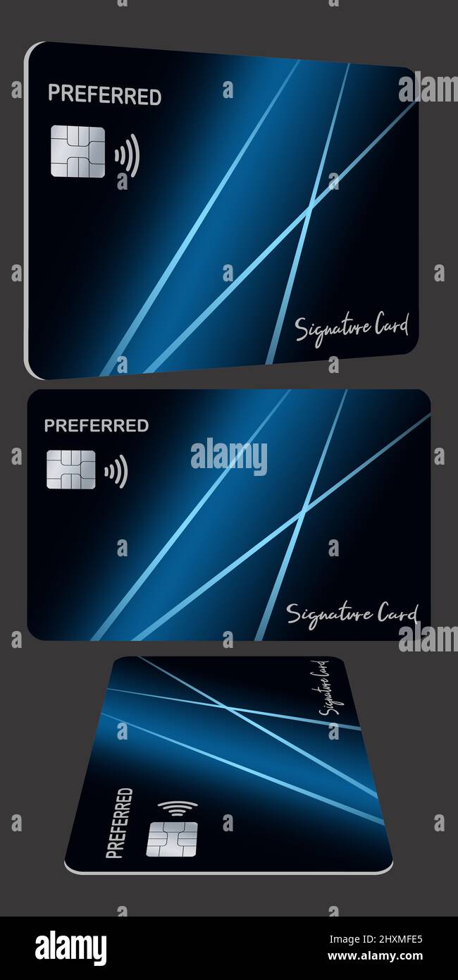 A modern, generic, mock credit card, or debit card, is labeled as a ...