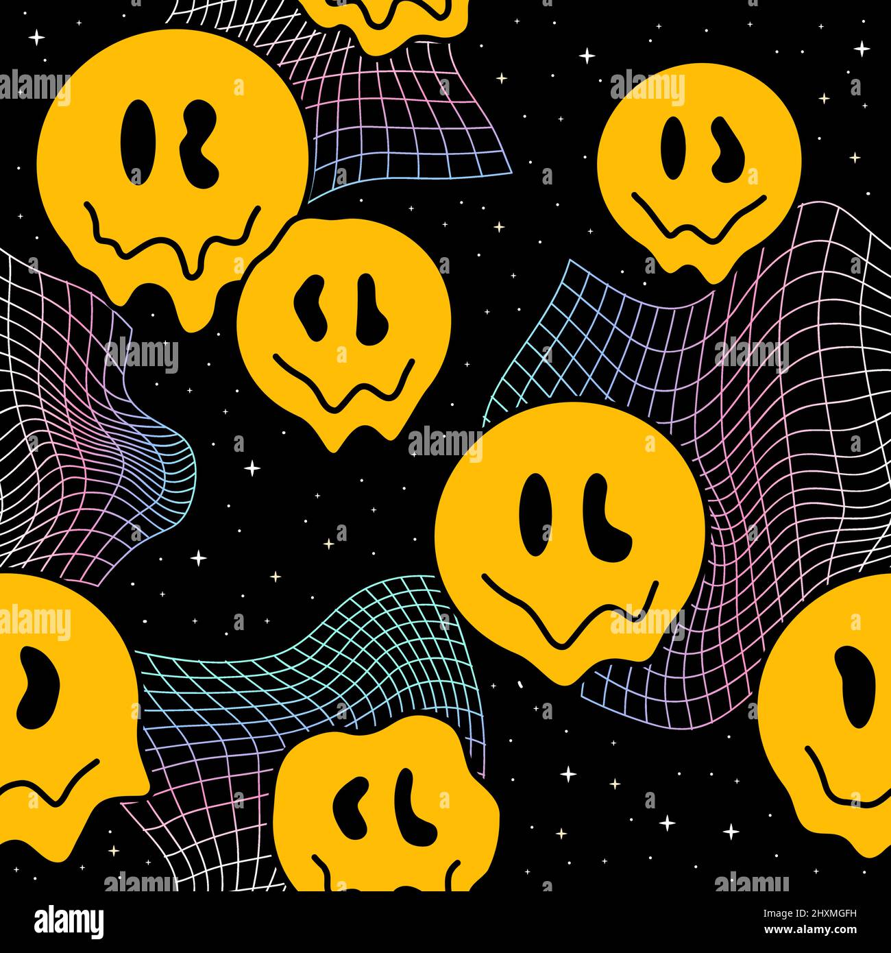 Perspective grid,space,smile face,melt psychedelic acid seamless ...
