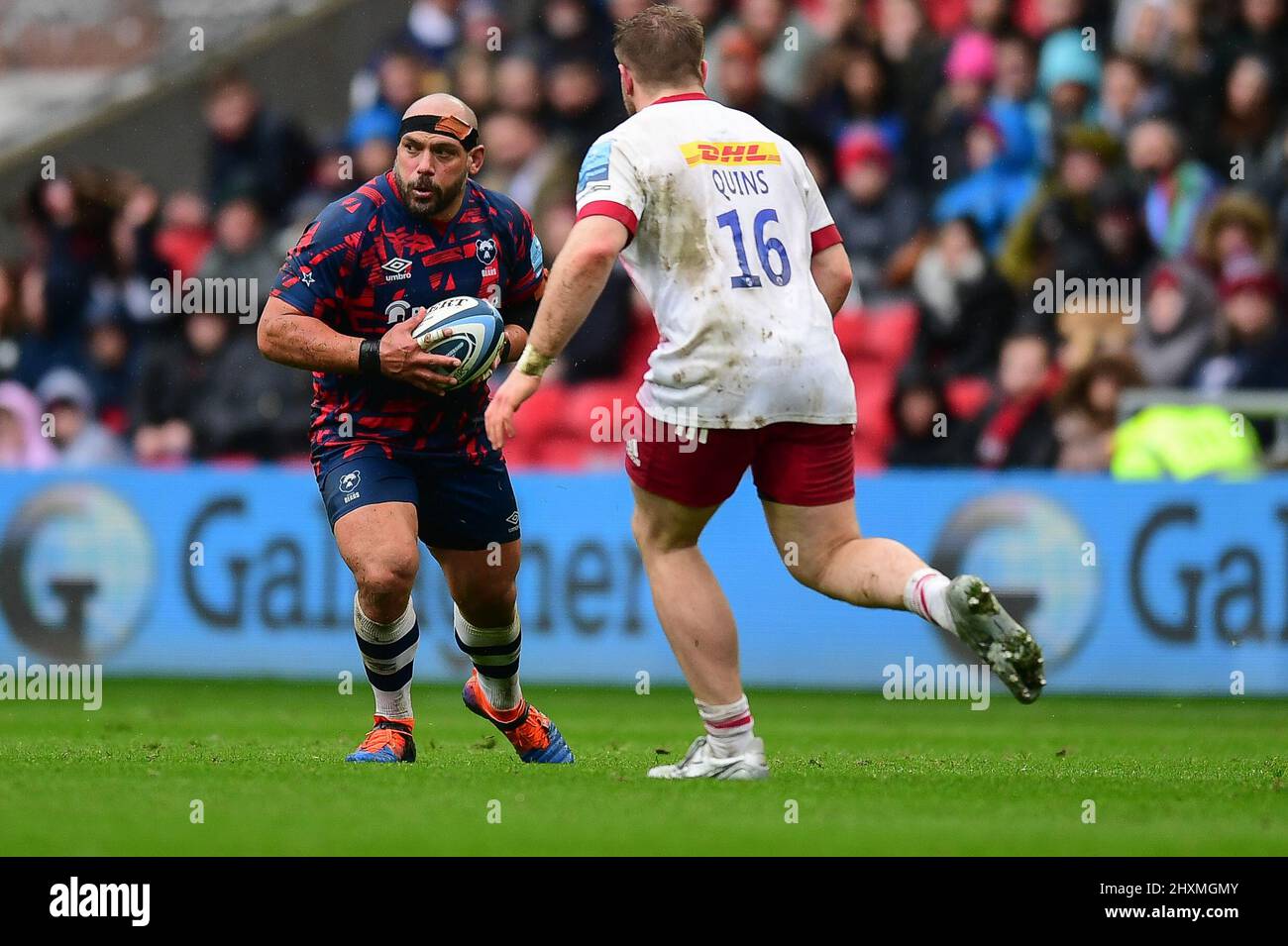 John Afoa of Rugby Bristol Bears, under pressure from Sam Riley of ...