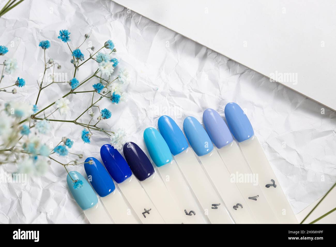 Different blue nails polish manicure palette Background. Samples of ...