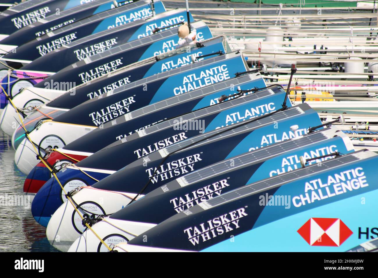 Rows of Atlantic Challenge Rowing boats awaiting transportation after ...