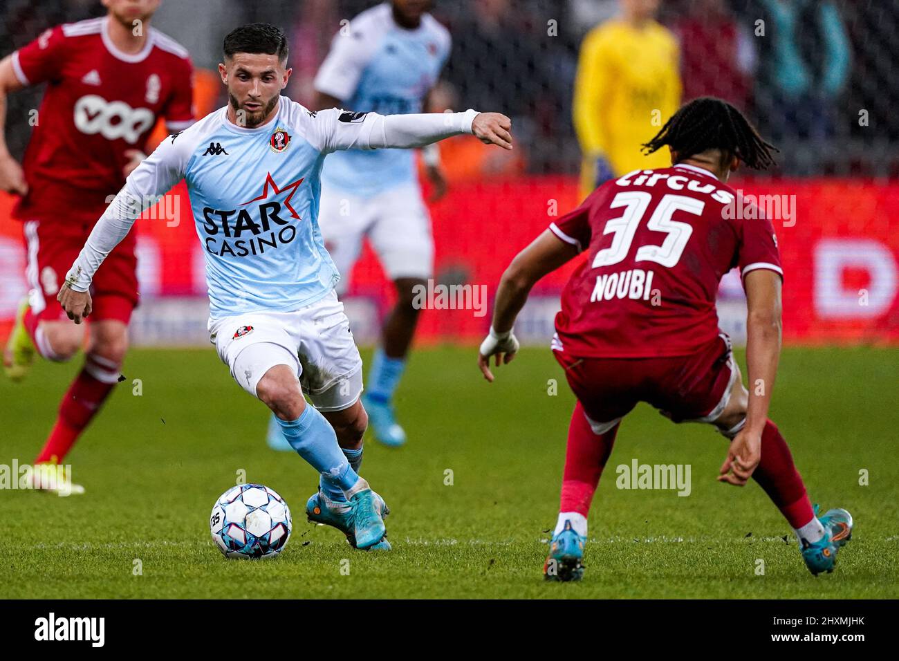 LUIK, BELGIUM - MARCH 13: Antoine Bernier of RFC Seraing, Lucas Noubi ...