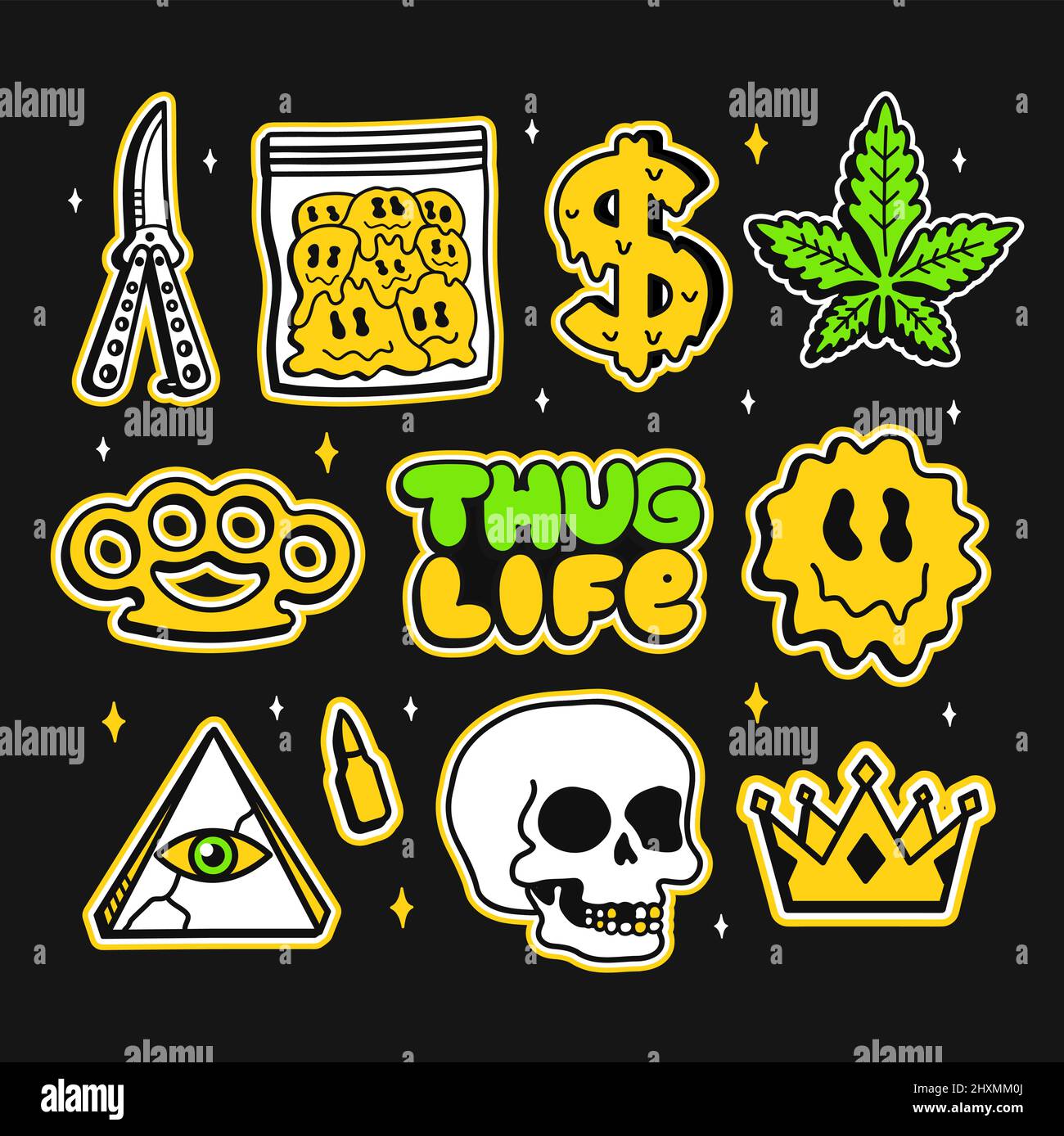 Thug life,street graffiti style fashion sticker pack. Vector hand drawn ...