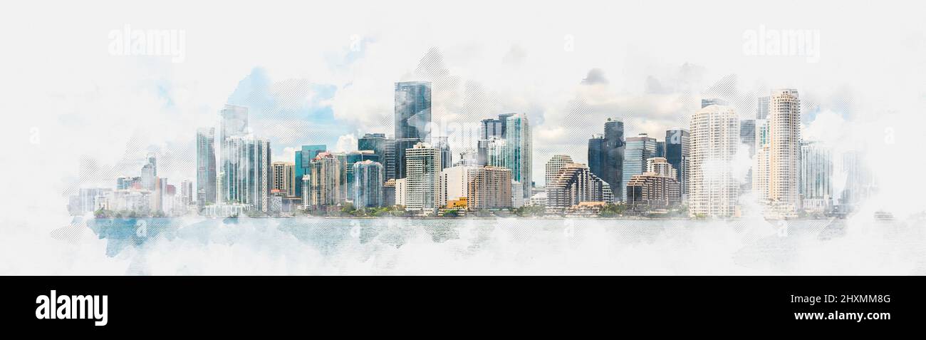 Watercolor painting illustration of Miami Downtown skyline in daytime ...