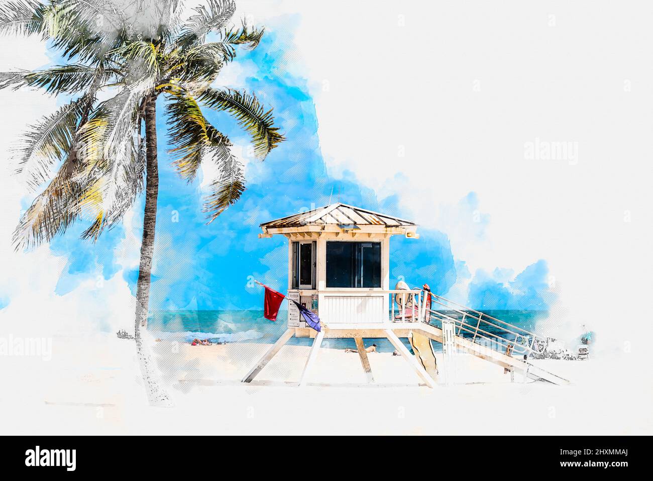 Watercolor sketch of lifeguard tower in Fort Lauderdale USA Stock Photo ...