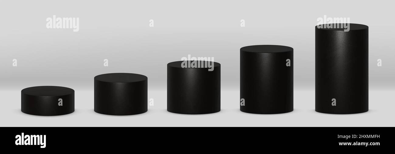 Black 3d cylinders front view and levels with perspective isolated on ...