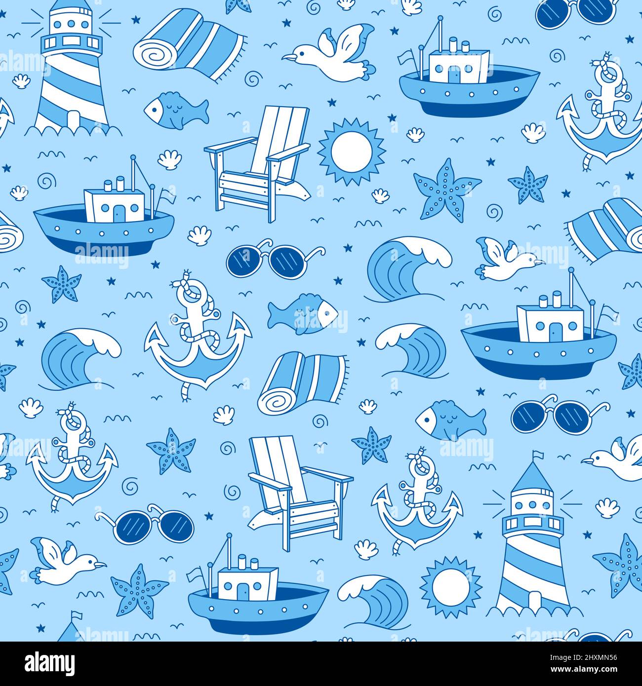 Sea,marine seamless pattern.Vector cartoon doodle hand drawn style ...