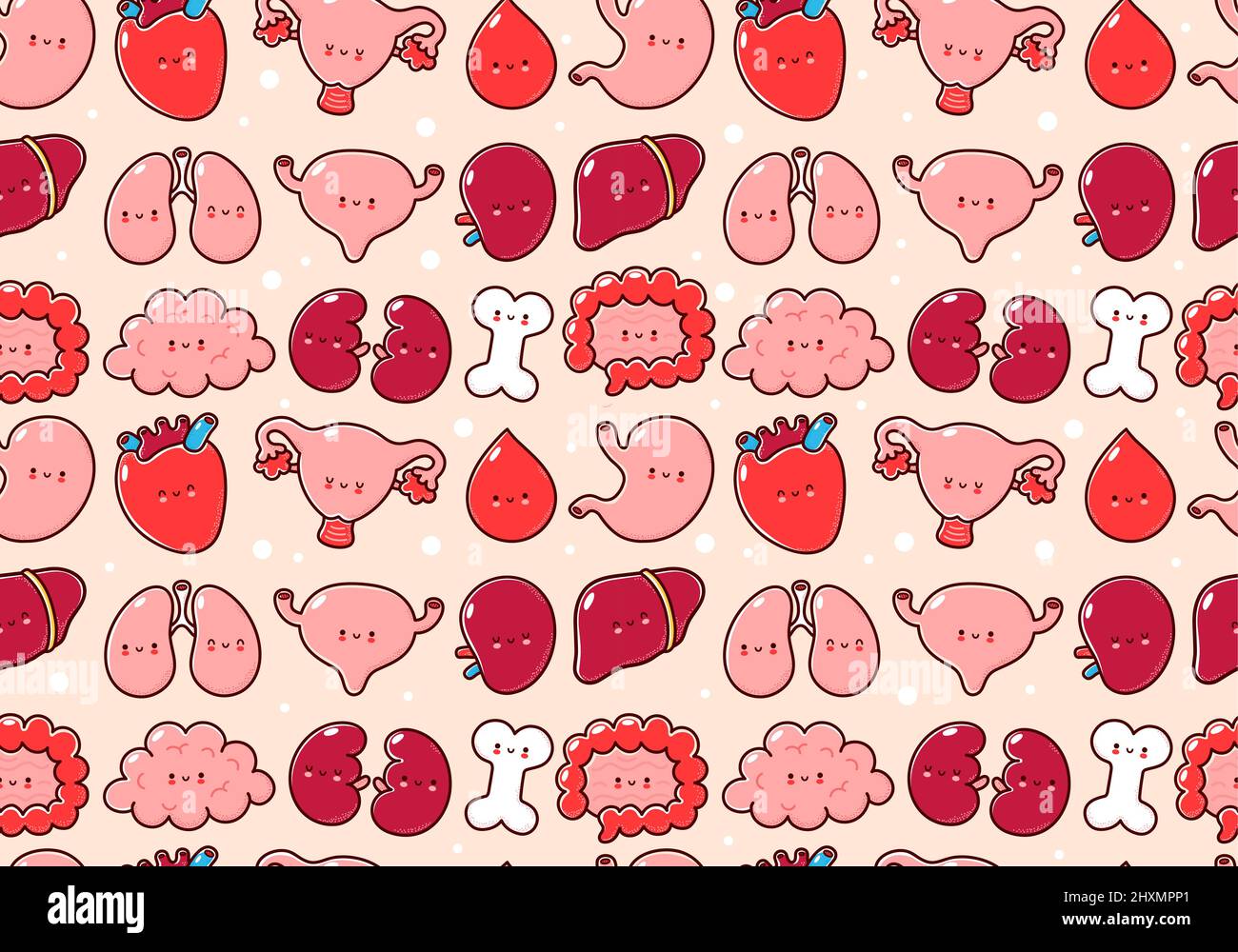 Cute human organs character seamless pattern. Vector line cartoon ...