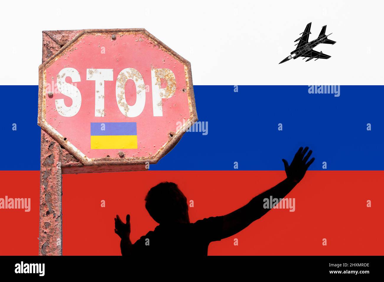 Russia Ukraine conflict/war concept image. Flag of Russia, stop sign ...