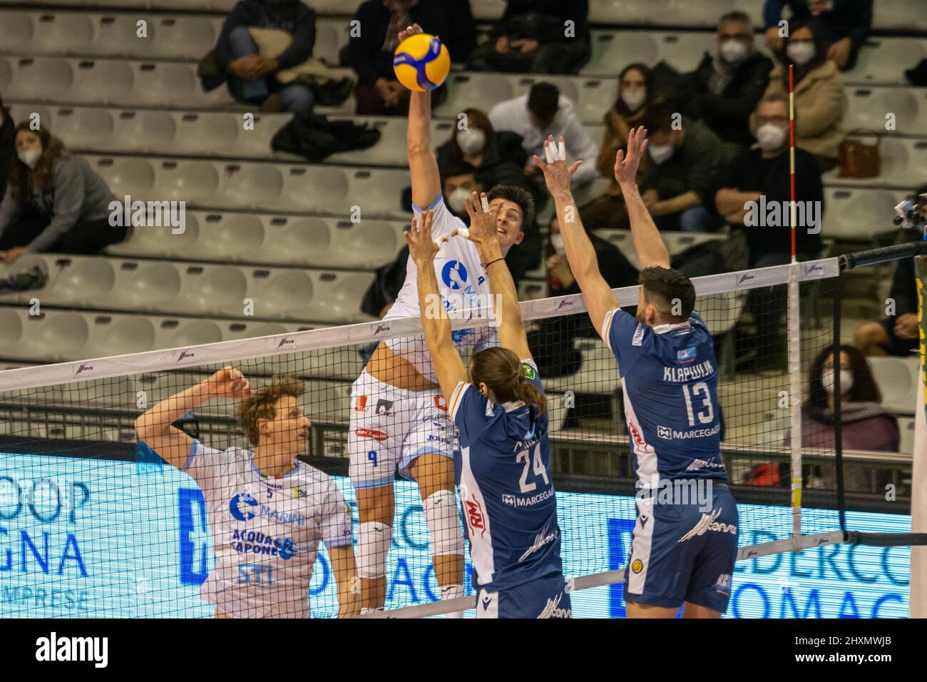 Pala De Andre, Ravenna, Italy, March 13, 2022, Tommaso Rinaldi (Cisterna) spikes during Consar ...