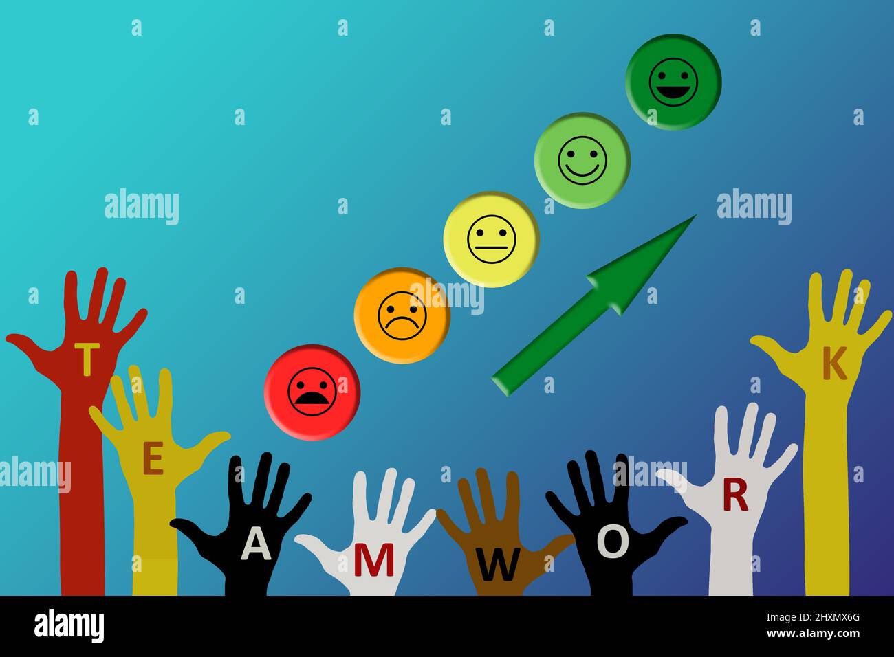 Teamwork concept. Raised hand of people with diverse color of skin with ...