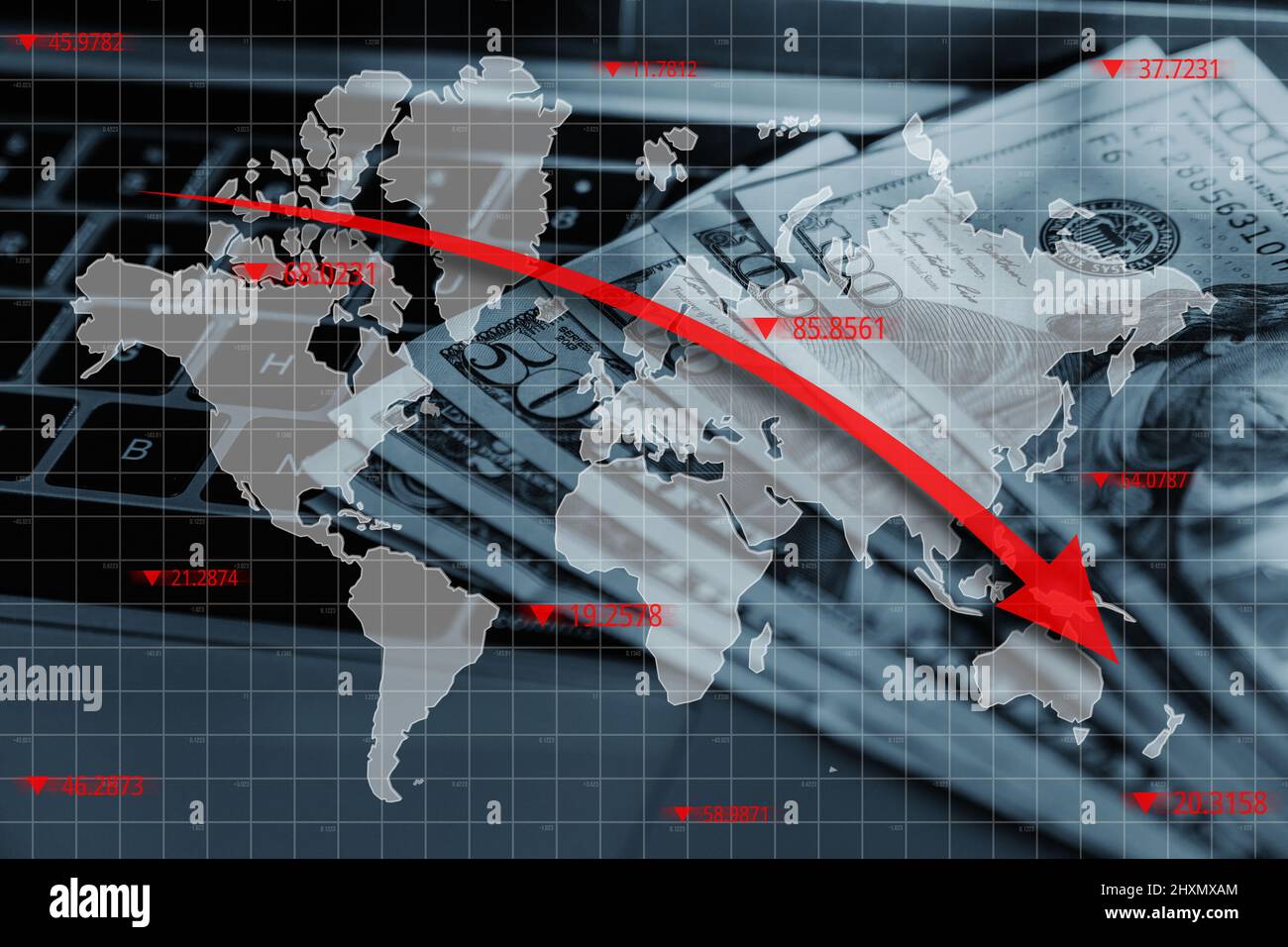 Concept of world economic crisis. Graphs with a falling arrow on the ...