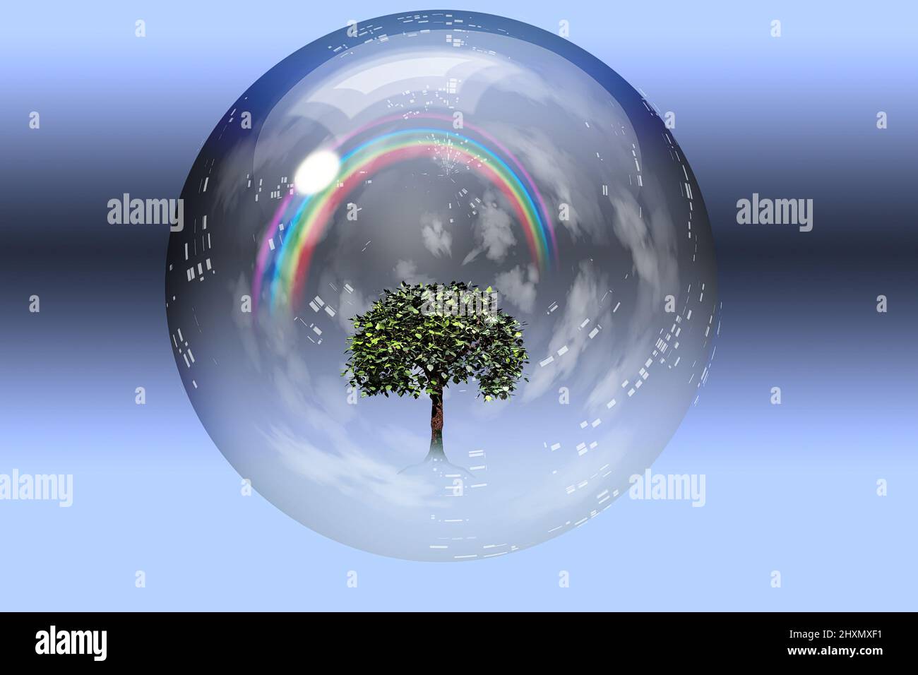 Rainbow and green tree inside crystal ball. 3D rendering Stock Photo ...