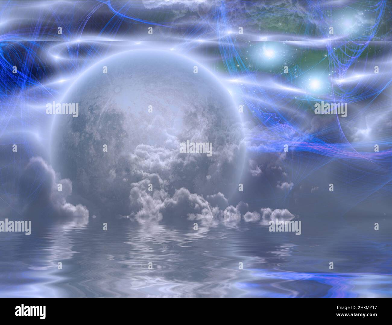 Moon-rise over water. 3D rendering Stock Photo - Alamy