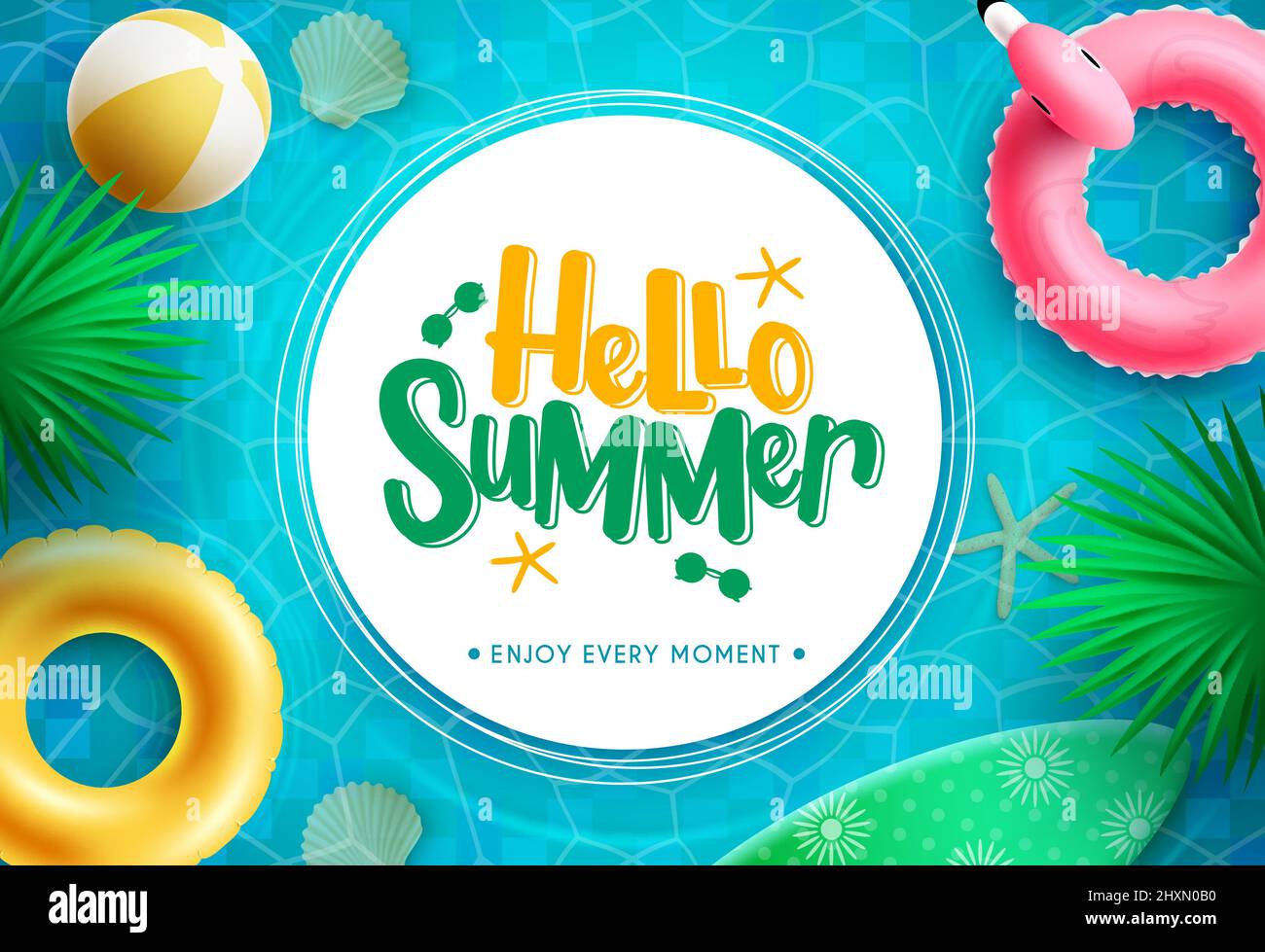 Summer vector template design. Hello summer greeting text in circle space with leaves and ...