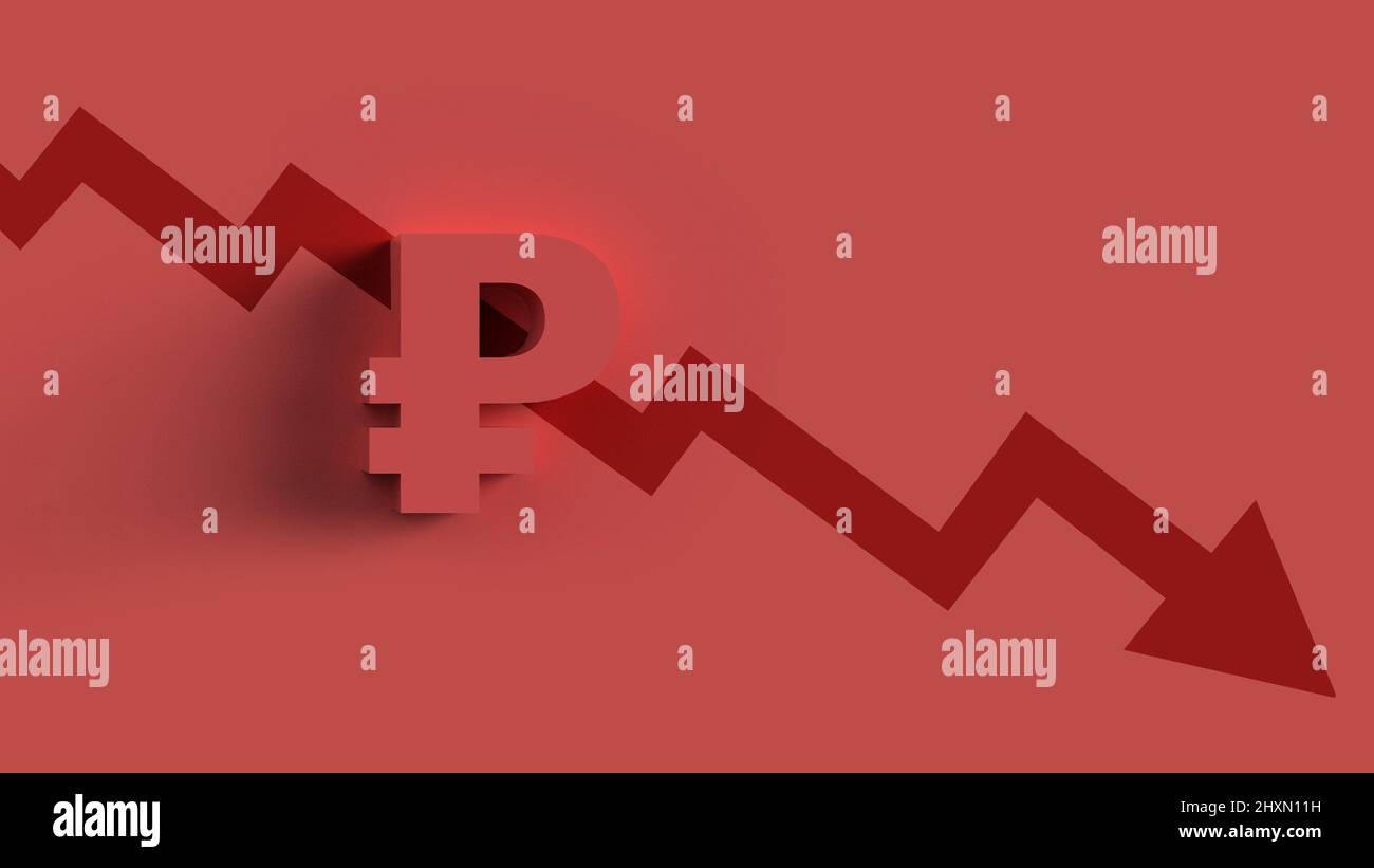 Conceptual 3d red russian ruble symbol with falling value collapse ...